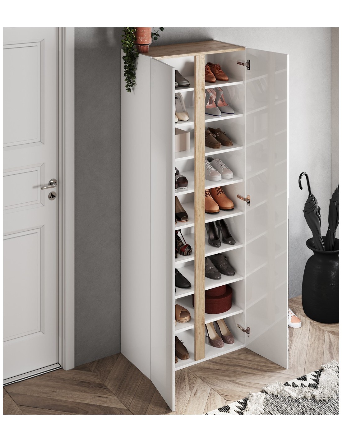 armadio scarpiera con specchio bianco lucido rovere kadiz