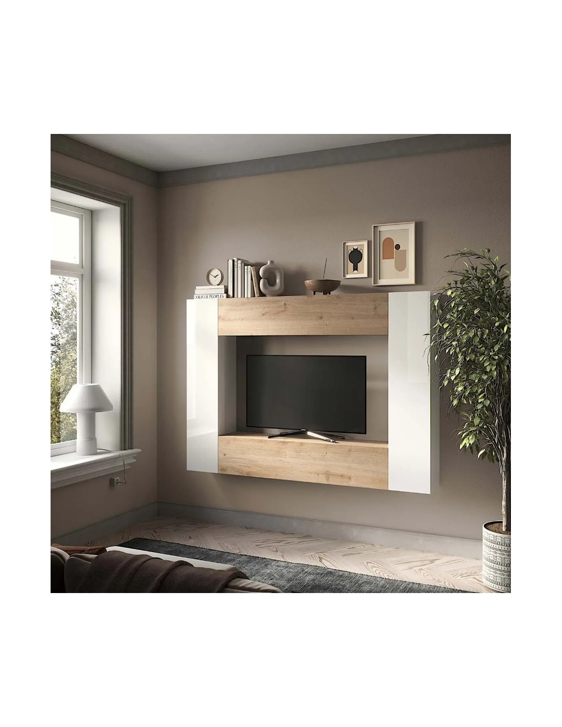 Parete sala soggiorno sospesa bianco laccato rovere kadiz